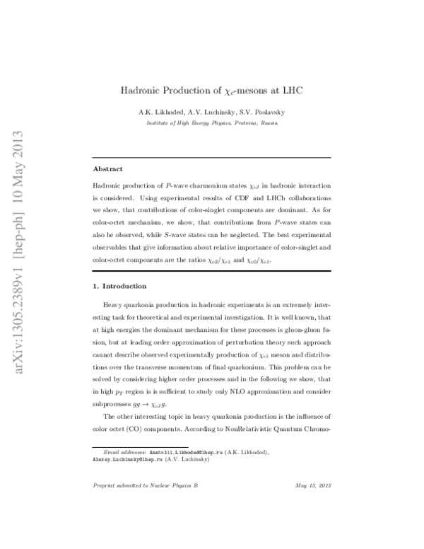 (PDF) Hadronic Production of $chi_c$-mesons at LHC
