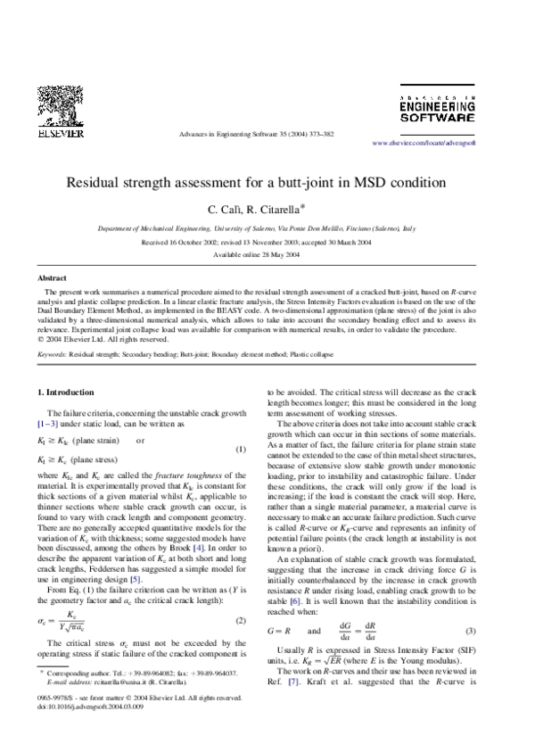 (PDF) Residual strength assessment for a butt-joint in MSD condition