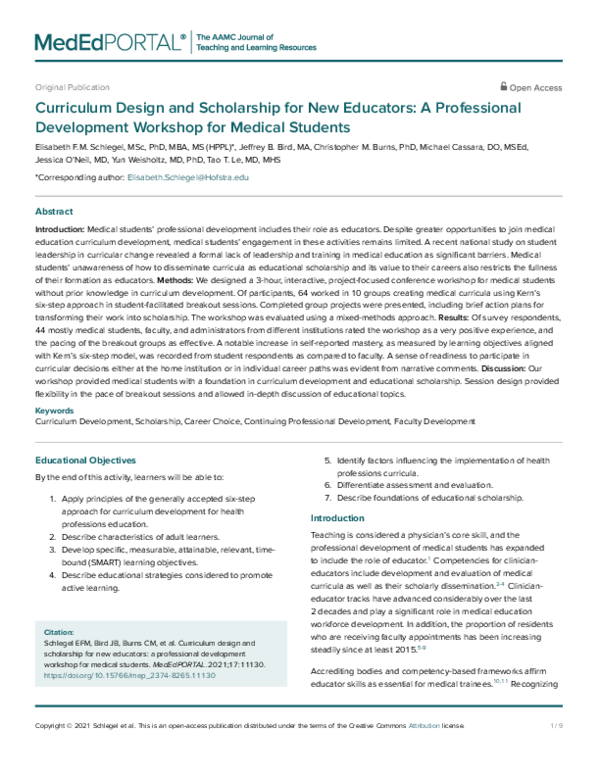 (PDF) Curriculum Design and Scholarship for New Educators: A ...
