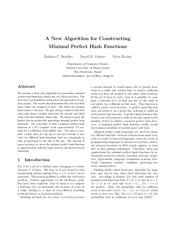 Pdf Efficient Algorithm For Minimal Perfect Hashing