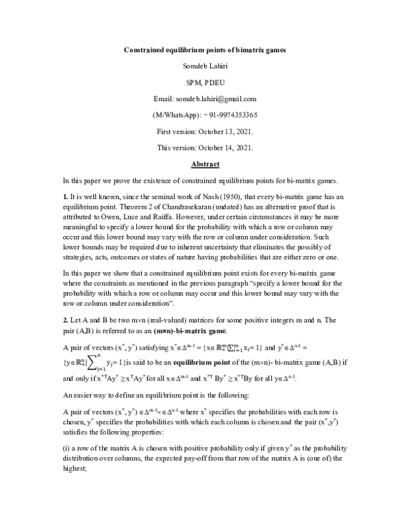 (PDF) Constrained equilibrium points of bimatrix games