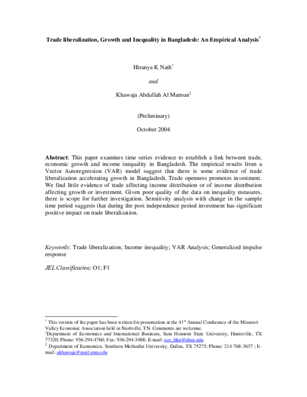 (PDF) Trade Liberalization, Growth and Inequality in Bangladesh: An ... (PDF) Trade Liberalization, Growth and Inequality in Bangladesh: An ...