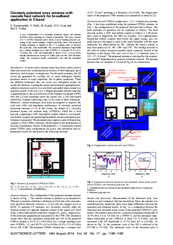 Pdf Circularly Polarised Array Antenna With Cascade Feed Network For