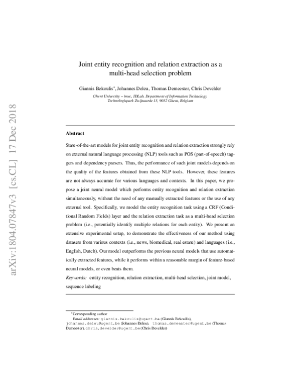 Pdf Joint Entity Recognition And Relation Extraction As A Multi Head Selection Problem