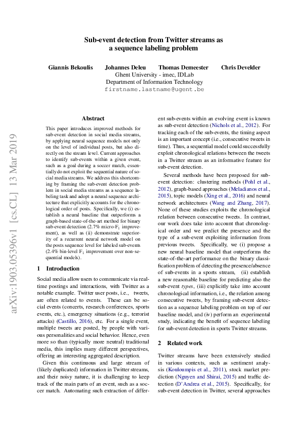 Pdf Sub Event Detection From Twitter Streams As A Sequence Labeling
