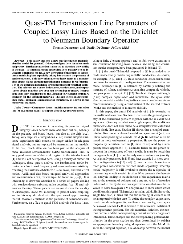 (PDF) Quasi-TM Transmission Line Parameters of Coupled Lossy Lines Based on the Dirichlet to ...