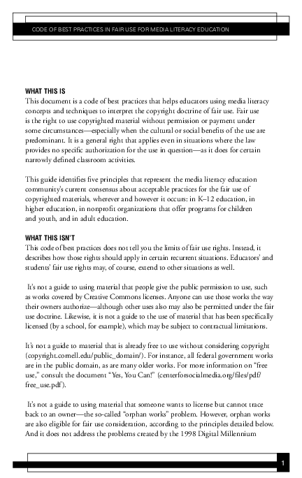 (PDF) Code of best practices in fair use for media literacy education