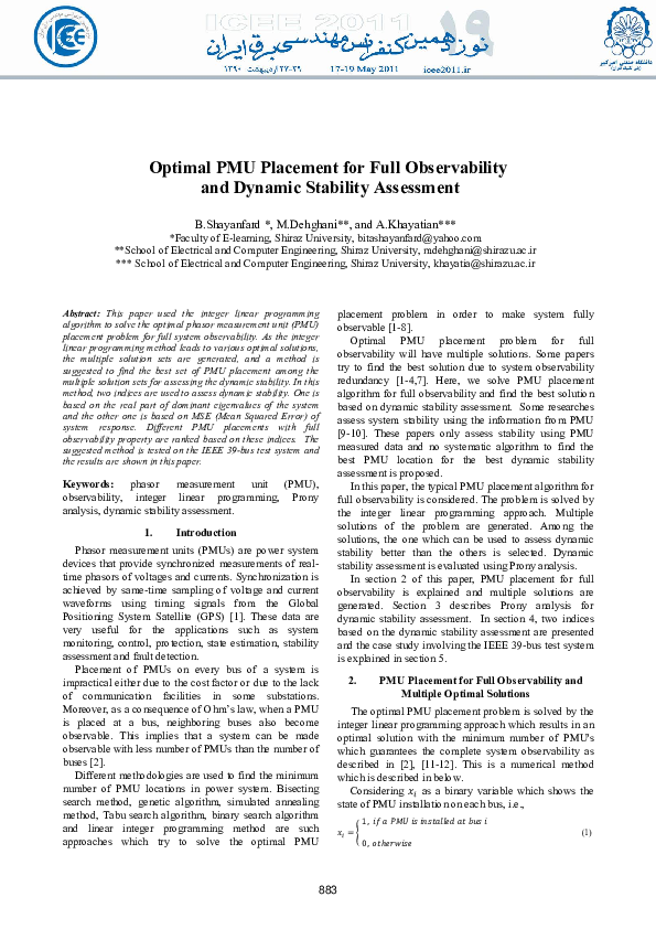 (PDF) Optimal PMU placement for full observability and dynamic stability assessment