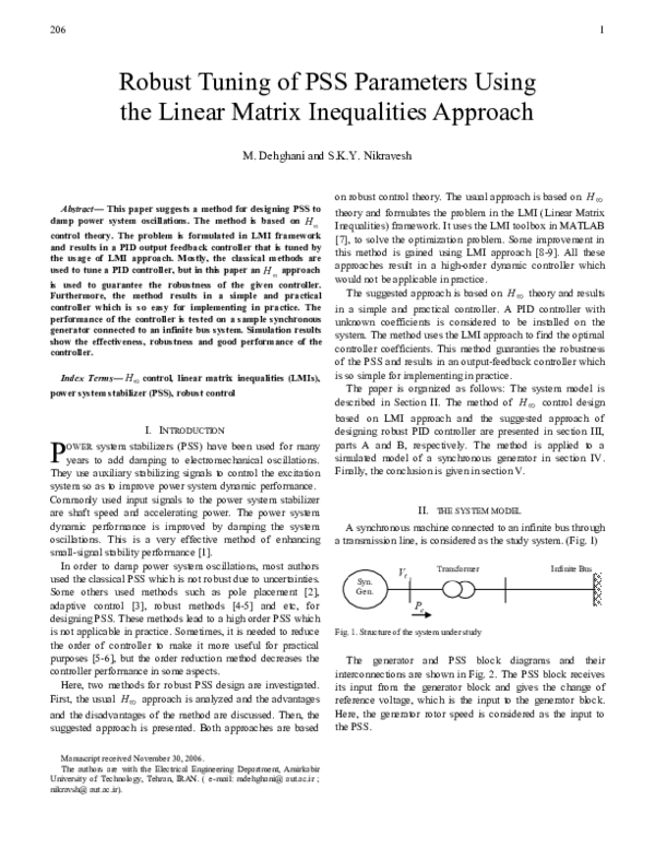 (PDF) Robust Tuning of PSS Parameters Using the Linear Matrix Inequalities Approach | Maryam ...
