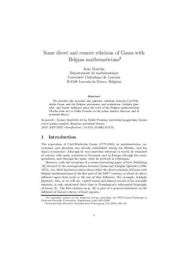 (PDF) Some Direct and Remote Relations of Gauss with Belgian Mathematicians