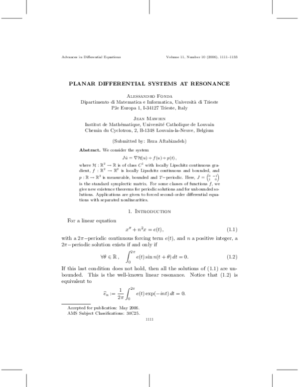 (PDF) Planar Differential Systems at Resonance