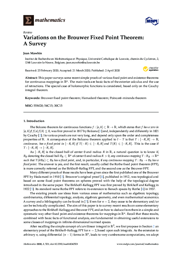 (PDF) Variations on the Brouwer Fixed Point Theorem: A Survey