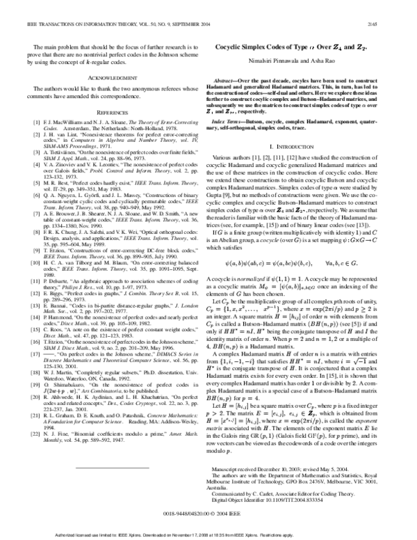 (PDF) Cocyclic simplex codes of type α over Z4 and Z2s