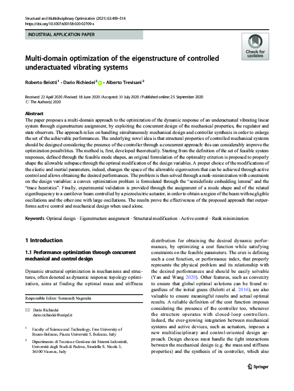 (PDF) Multi-domain optimization of the eigenstructure of controlled underactuated vibrating systems