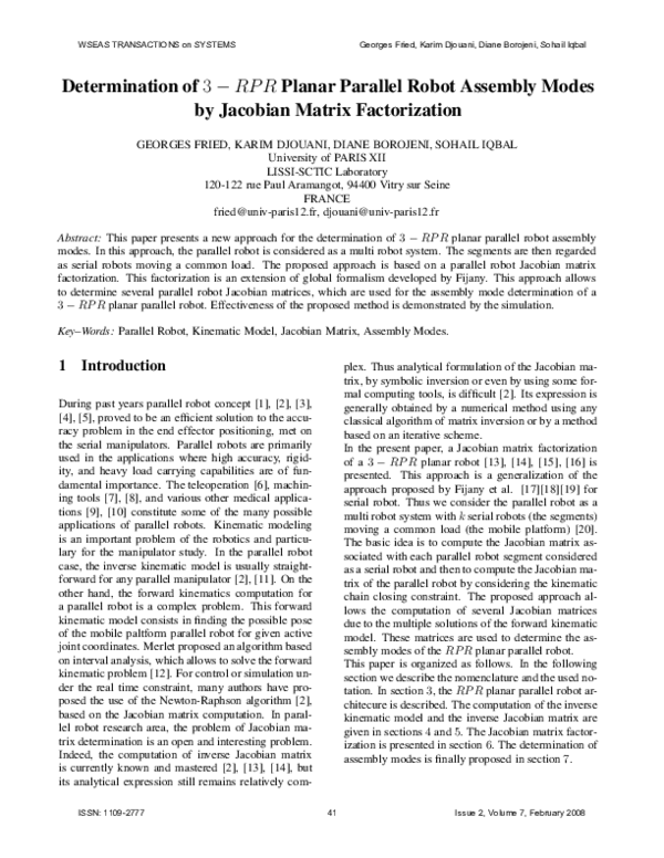(PDF) Determination of 3: RPR Planar Parallel Robot Assembly Modes by Jacobian Matrix Factorization