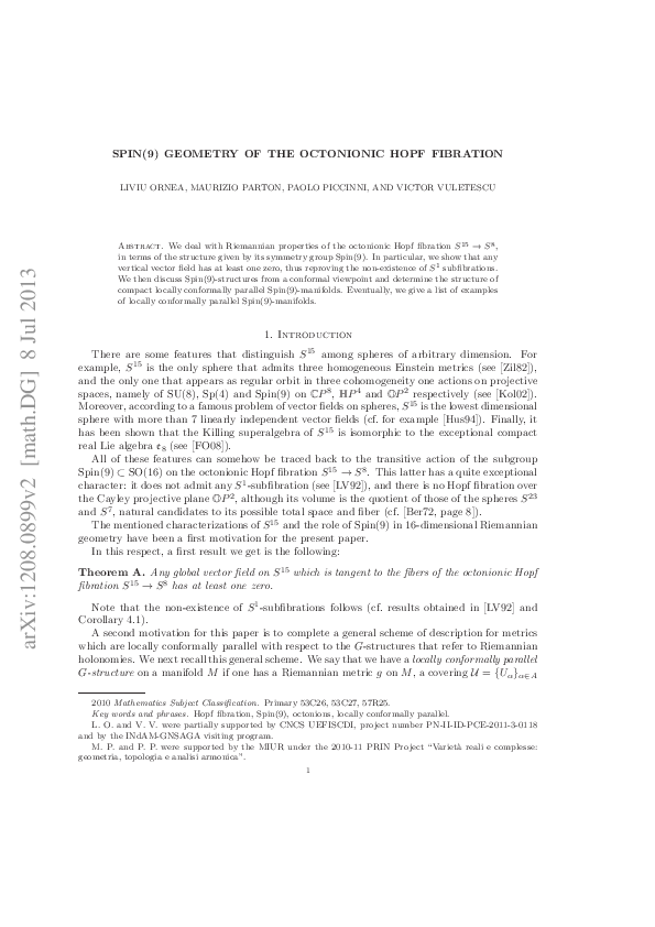(PDF) Spin(9) geometry of the octonionic Hopf fibration