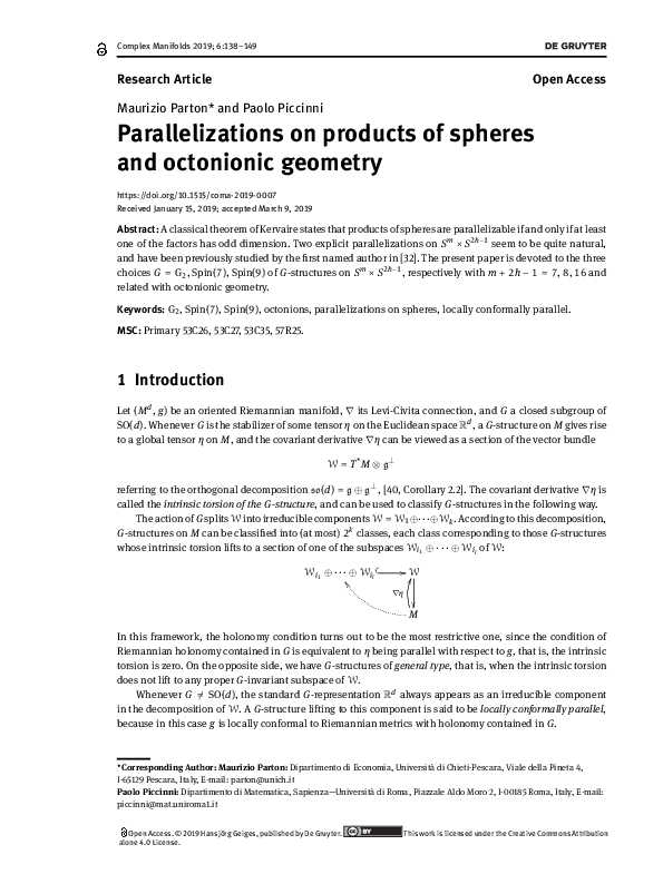 (PDF) Parallelizations on products of spheres and octonionic geometry | Paolo Piccinni ...