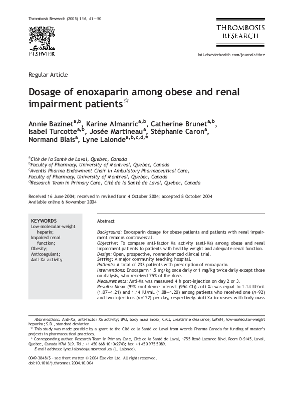 (PDF) Dosage of enoxaparin among obese and renal impairment patients