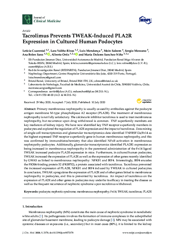 (PDF) Tacrolimus Prevents TWEAK-Induced PLA2R Expression in Cultured ...