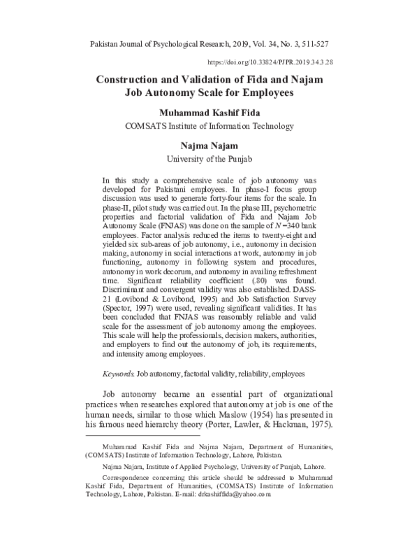 (PDF) Construction and Validation of Fida and Najam Job Autonomy Scale ...
