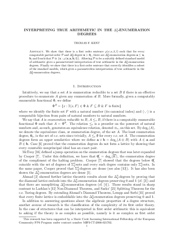 (PDF) Interpreting true arithmetic in the ? 0 2 -enumeration degrees