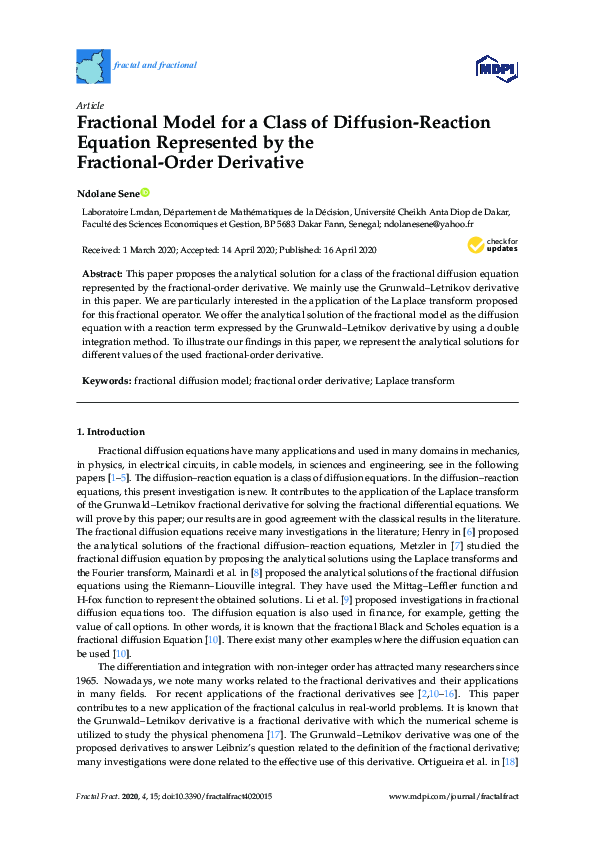 Pdf Fractional Model For A Class Of Diffusion Reaction Equation Represented By The Fractional