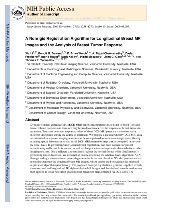 (PDF) A nonrigid registration algorithm for longitudinal breast MR images and the analysis of ...