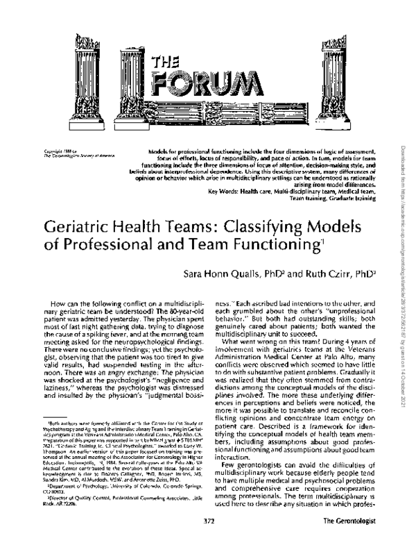 (PDF) Geriatric Health Teams: Classifying Models of Professional and ...