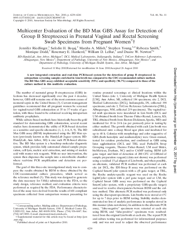 (PDF) Multicenter Evaluation of the BD Max GBS Assay for Detection of ...