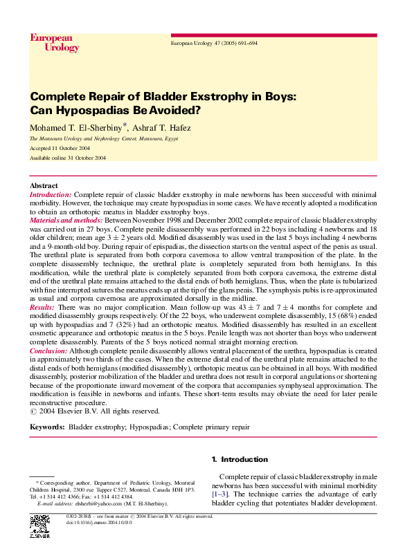 (PDF) Complete Repair of Bladder Exstrophy in Boys: Can Hypospadias Be ...