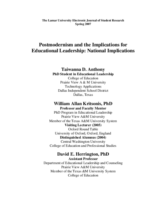 (PDF) Postmodernism and the Implications for Educational Leadership ...
