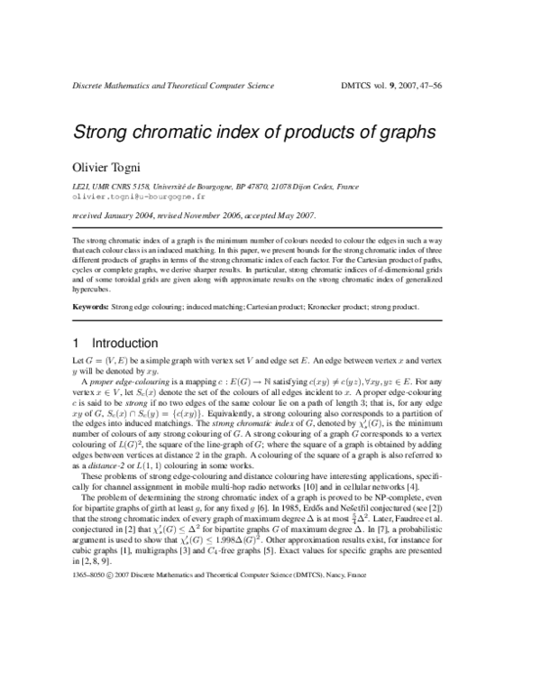 (PDF) Strong chromatic index of products of graphs | Olivier Togni - Academia.edu