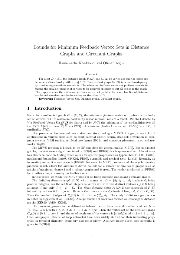 (PDF) Minimum Feedback Vertex Sets in Distance Graphs and Circulant Graphs