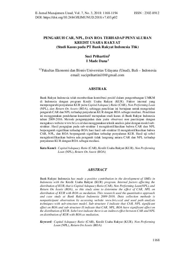 (PDF) PENGARUH CAR, NPL DAN ROA TERHADAP PENYALURAN KREDIT MODAL KERJA (Studi Pada Bank Umum ...