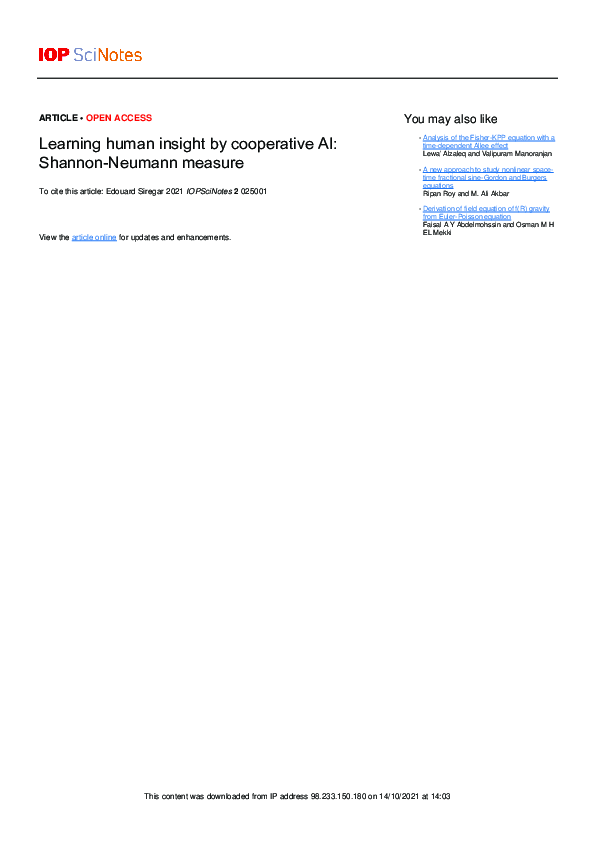 (PDF) Learning human insight by cooperative AI: Shannon-Neumann measure