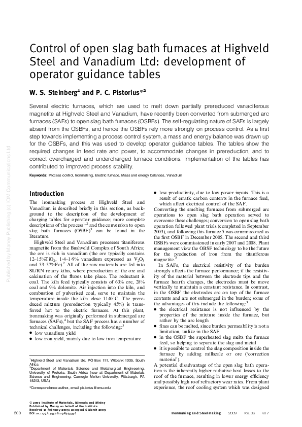 (PDF) Control of open slag bath furnaces at Highveld Steel and Vanadium ...