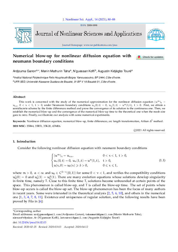 (PDF) Numerical blow-up for nonlinear diffusion equation with neumann boundary conditions
