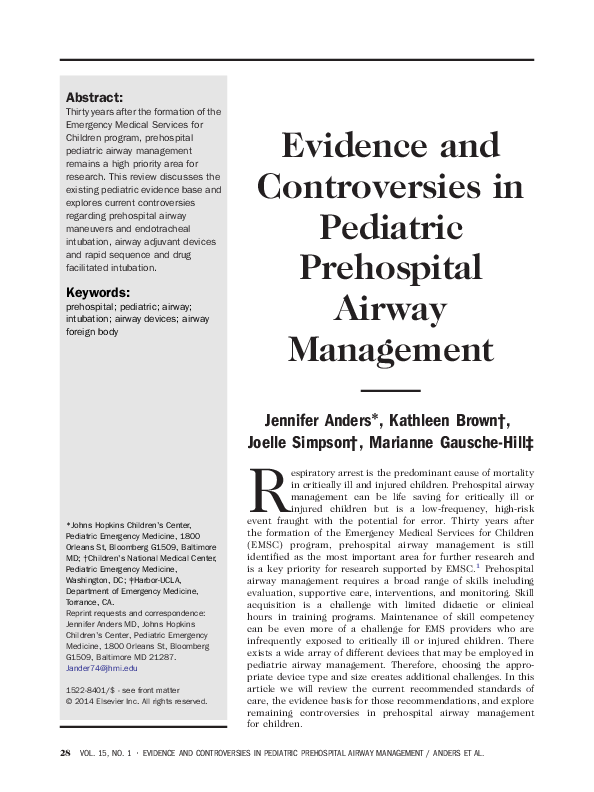 (PDF) Evidence and Controversies in Pediatric Prehospital Airway Management