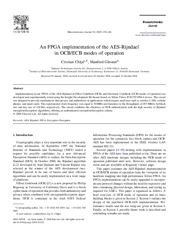 (PDF) An FPGA implementation of the AES-Rijndael in OCB/ECB modes of operation