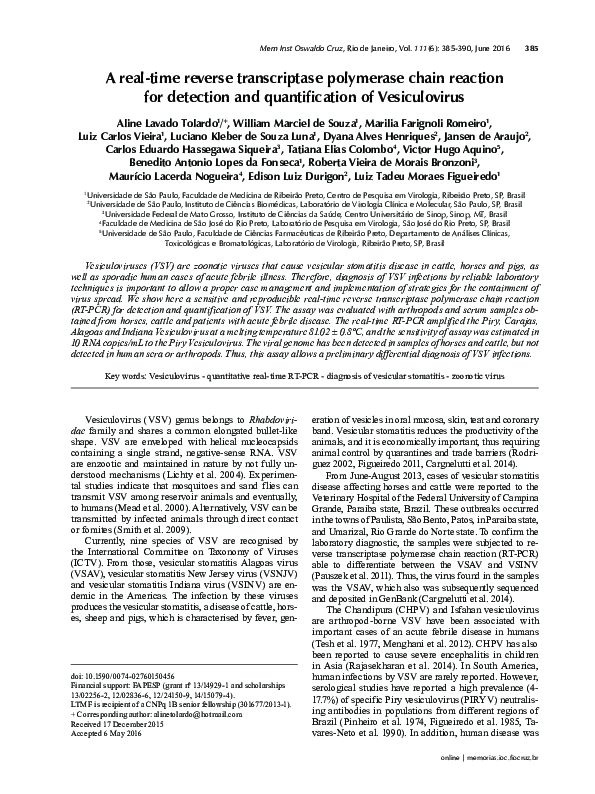 (PDF) A real-time reverse transcriptase polymerase chain reaction for detection and ...