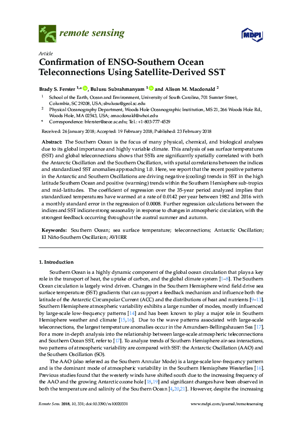 (PDF) Confirmation of ENSO-Southern Ocean Teleconnections Using ...