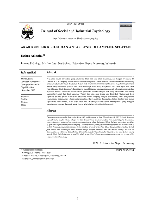 (PDF) Akar Konflik Kerusuhan Antar Etnik DI Lampung Selatan