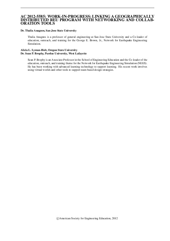 (PDF) WIP: Linking a Geographically Distributed REU Program with Networking and Collaboration Tools