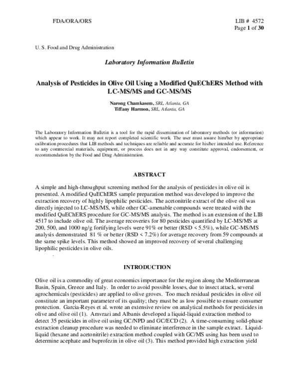 (PDF) FDA/ORA/ORS Laboratory Information Bulletin Analysis of Pesticides in Olive Oil Using a ...