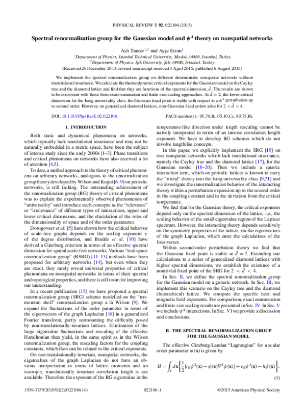 (PDF) Spectral renormalization group for the Gaussian model and ψ 4 theory on nonspatial networks