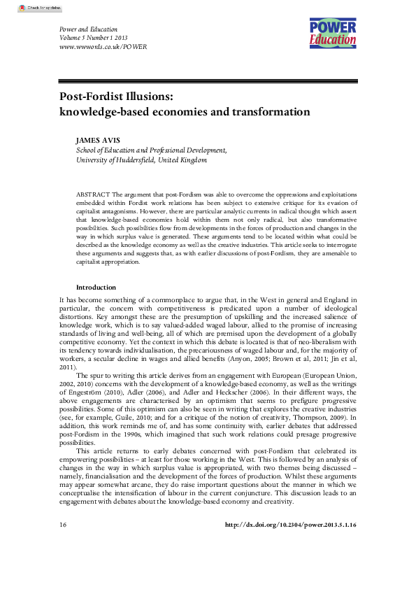 (PDF) Post-Fordist Illusions: knowledge-based economies and transformation