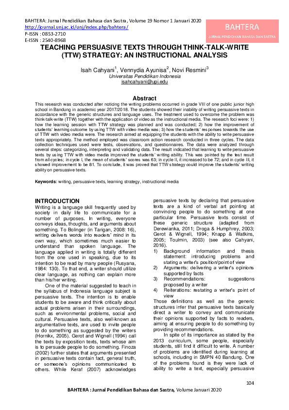 (PDF) Teaching Persuasive Texts Through Think-Talk-Write (TTW) Strategy: An Instructional Analysis