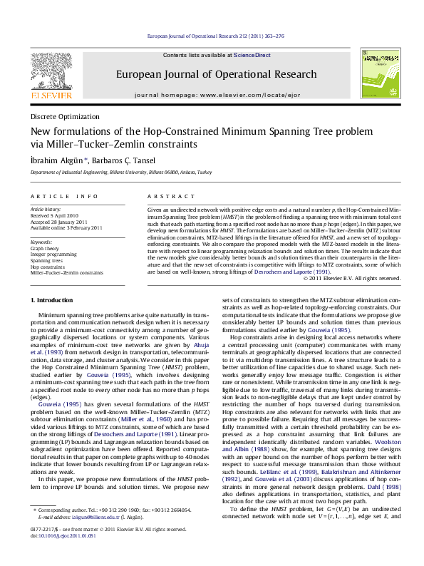 (PDF) New formulations of the Hop-Constrained Minimum Spanning Tree problem via Miller–Tucker ...