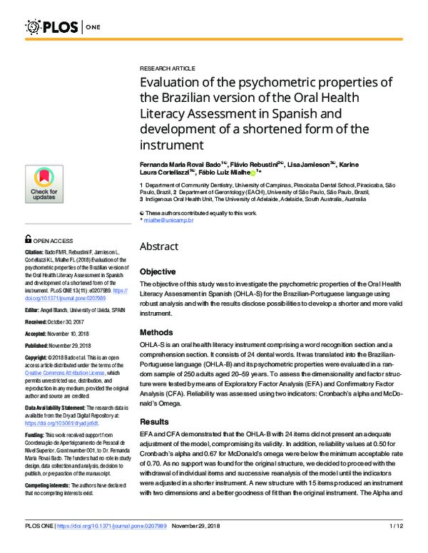 (PDF) Evaluation of the psychometric properties of the Brazilian version of the Oral Health ...