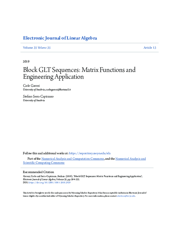 (PDF) Block GLT Sequences: Matrix Functions and Engineering Application